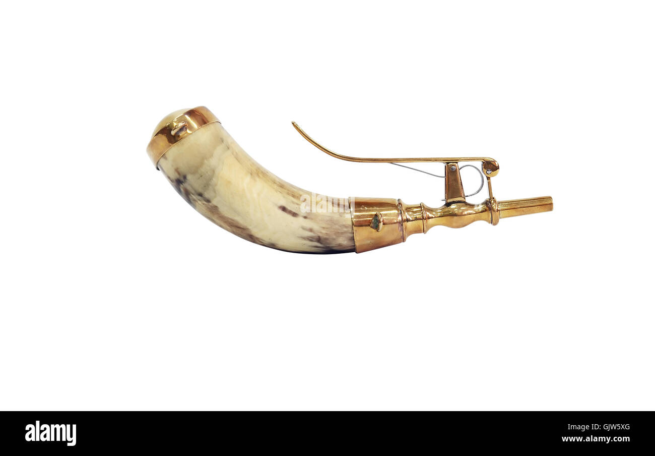 Old bone powder-flask on white background. Isolated with clipping path ...