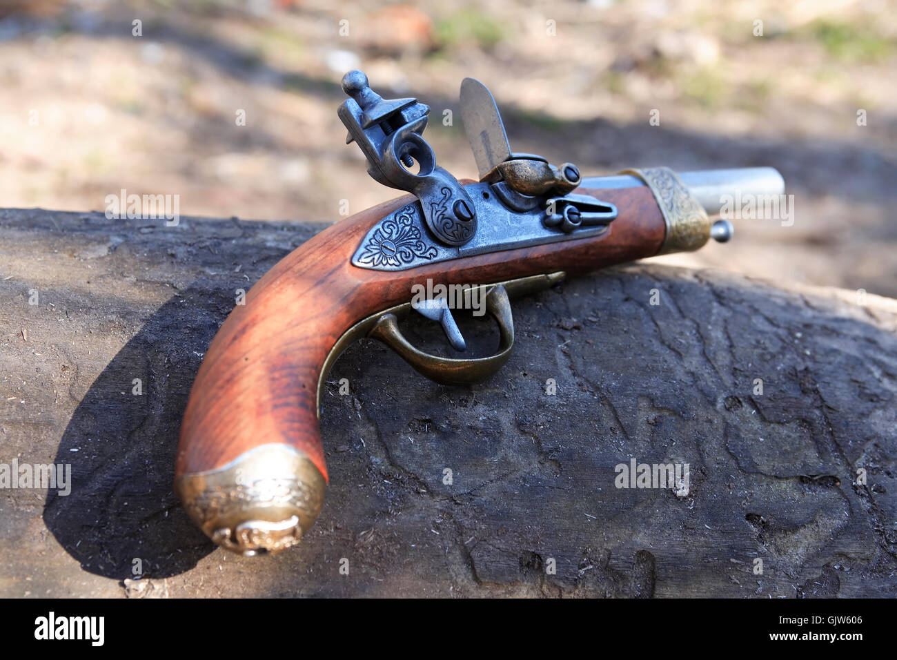 Elegant vintage pistol on old wooden log Stock Photo - Alamy