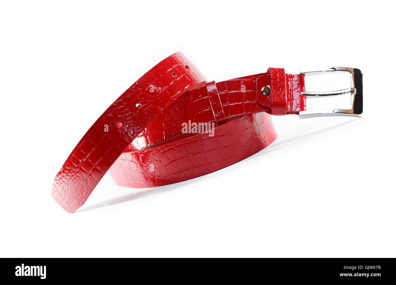 New stylish red leather belt on white background Stock Photo - Alamy