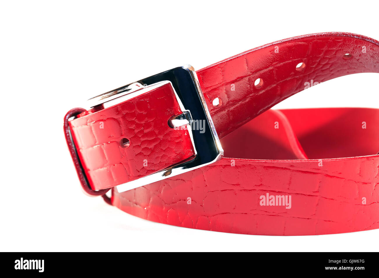 New stylish red leather belt on white background Stock Photo - Alamy