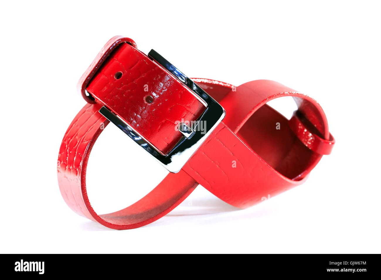 New stylish red leather belt on white background Stock Photo - Alamy