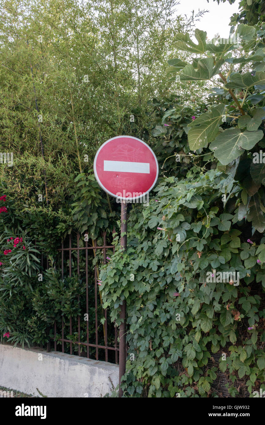 no entry sign against green bushes Stock Photo - Alamy