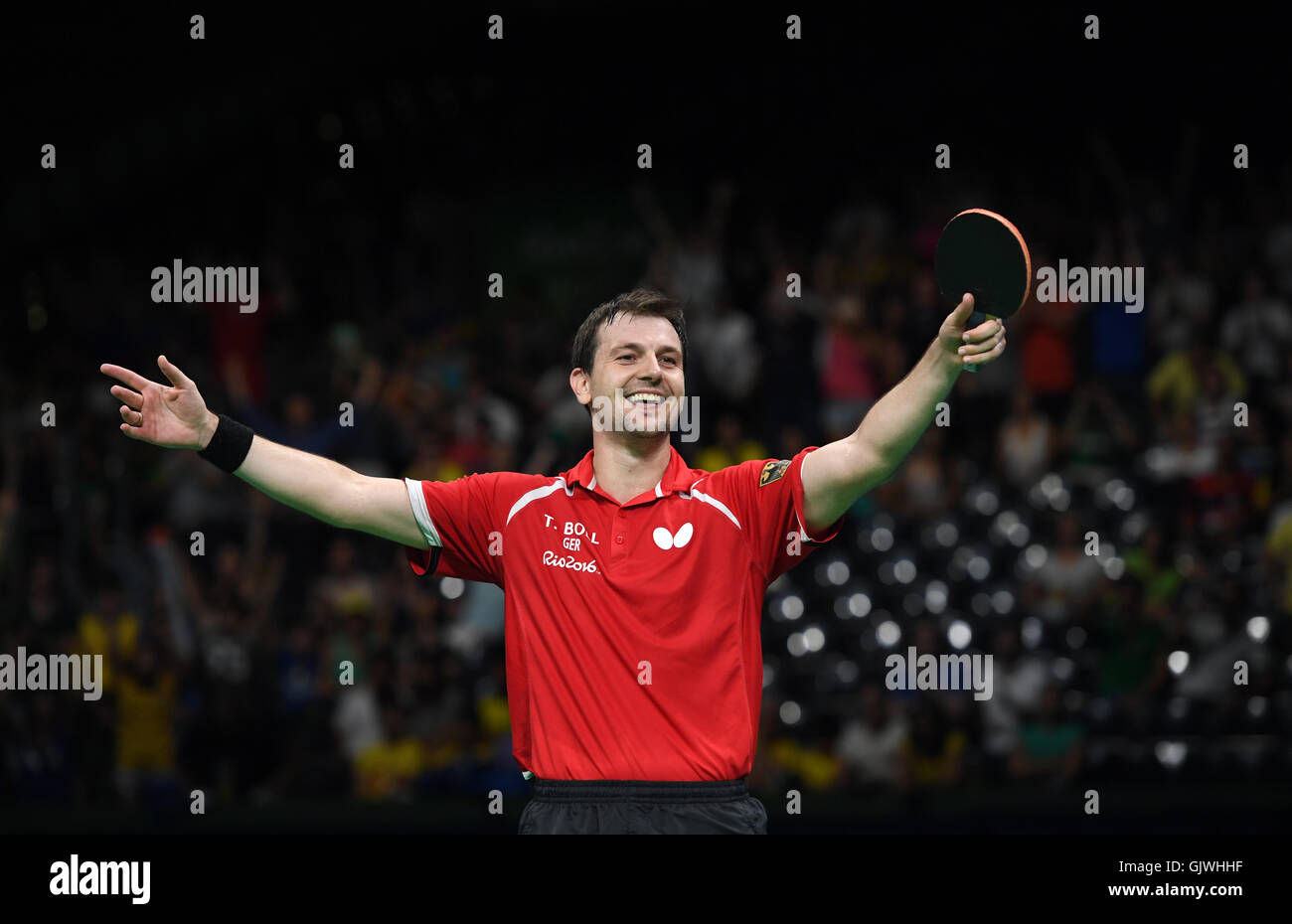 Rio De Janeiro, Brazil. 17th Aug, 2016. Germany's Timo Boll reacts ...