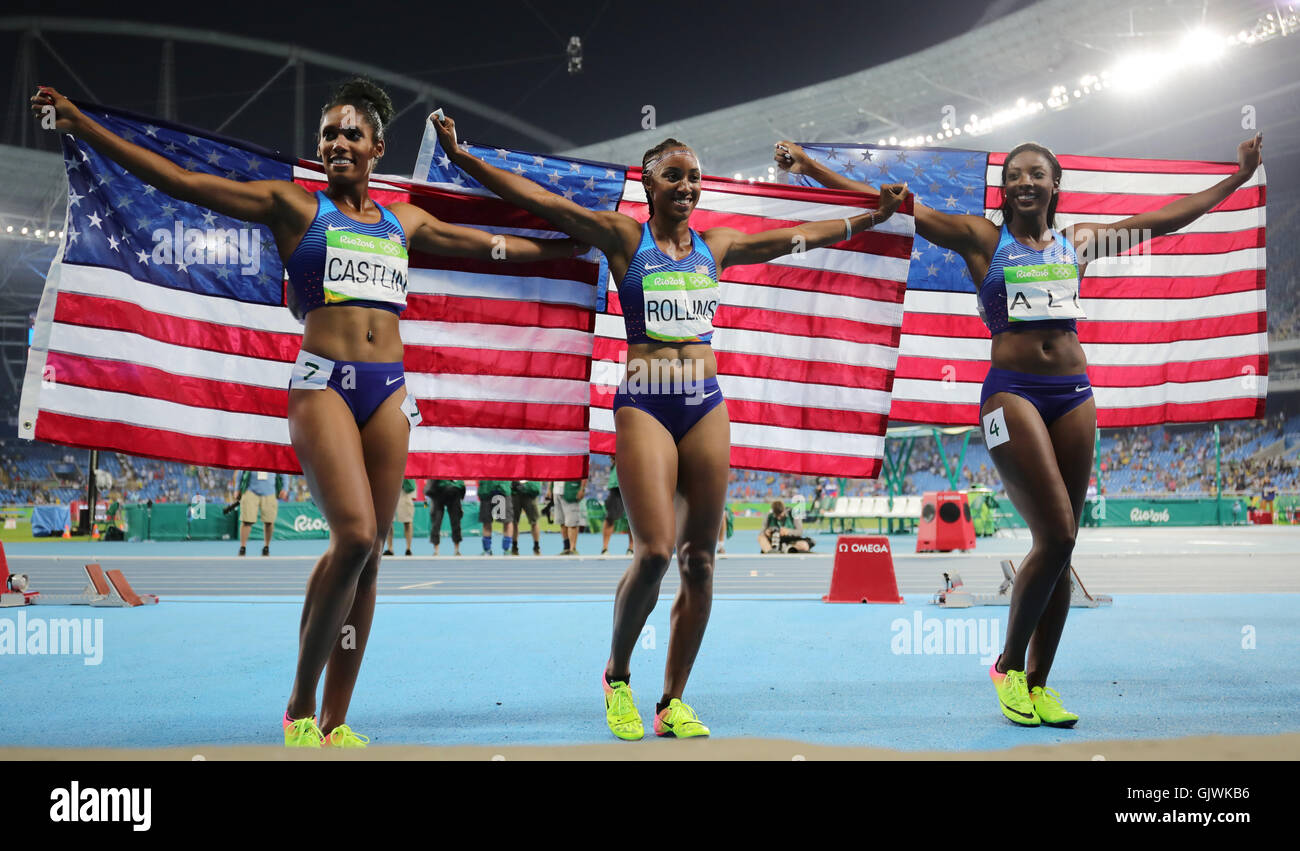 Rio de Janeiro, Brazil. 17th Aug, 2016. Brianna Rollins (C) of the USA ...