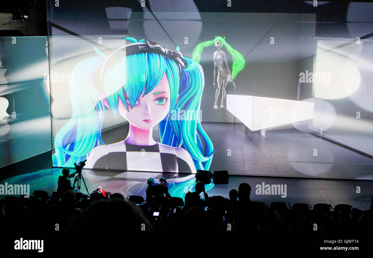Hamburg, Germany. 18th Aug, 2016. Computer-animated singer Hatsune Miku ...