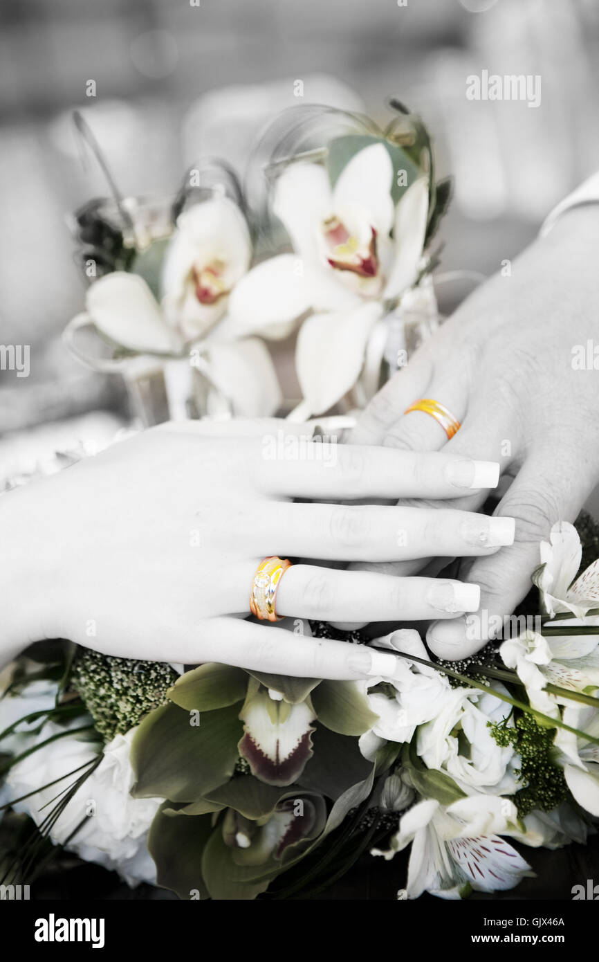 two hands with wedding rings in balck and white Stock Photo - Alamy