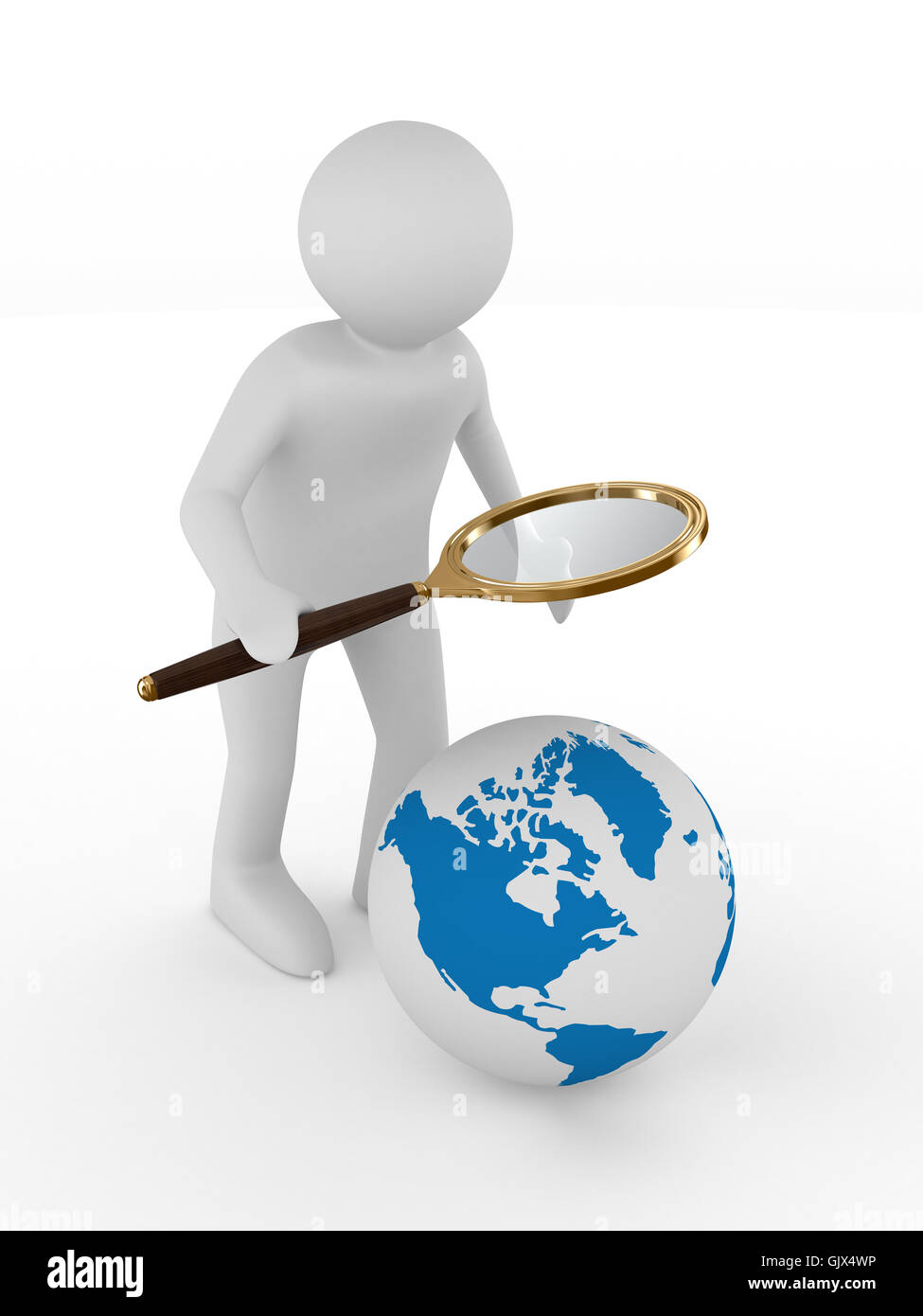 Man with magnifier on white background. Isolated 3D image Stock Photo ...