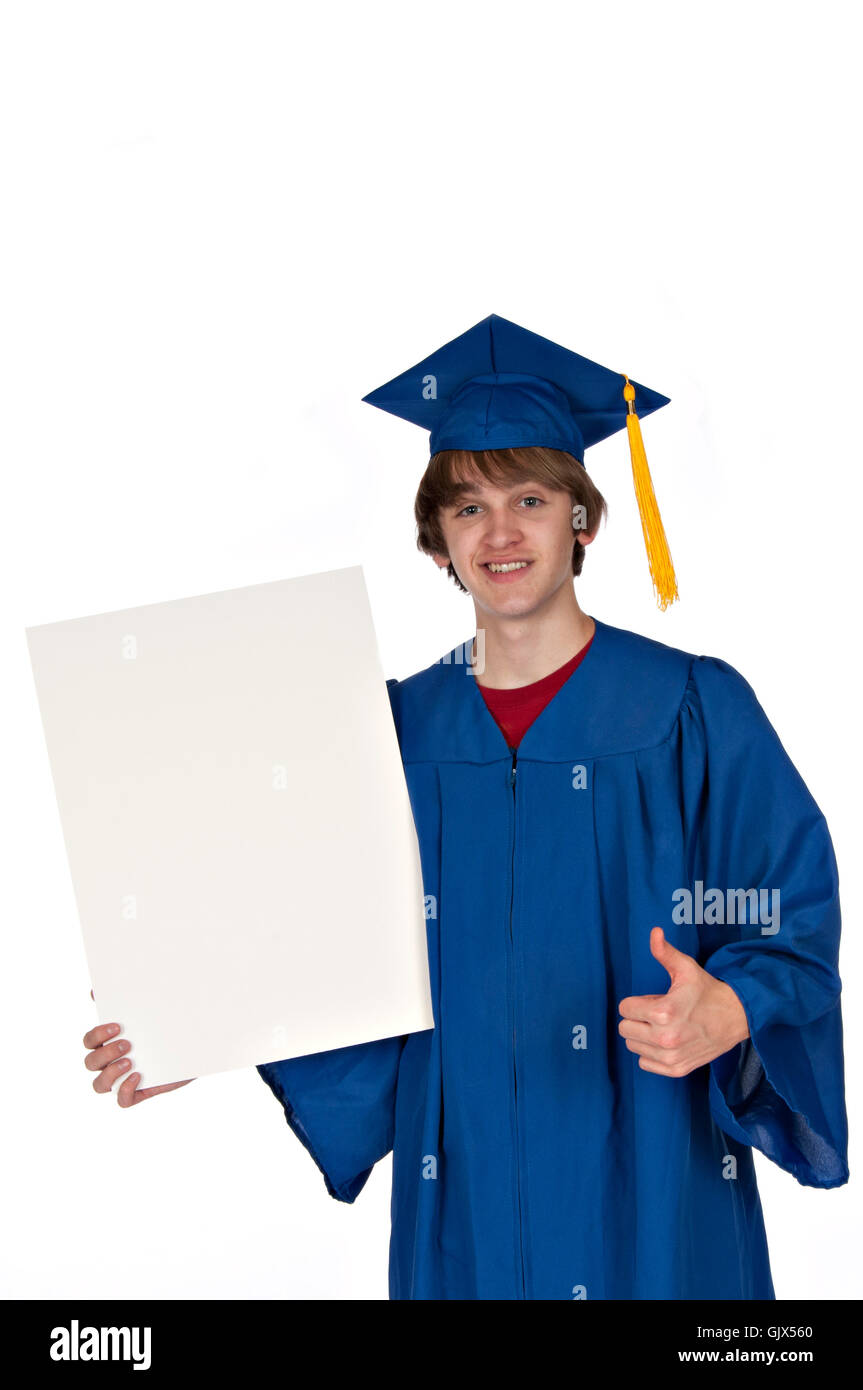 teenage graduate holding sign Stock Photo - Alamy