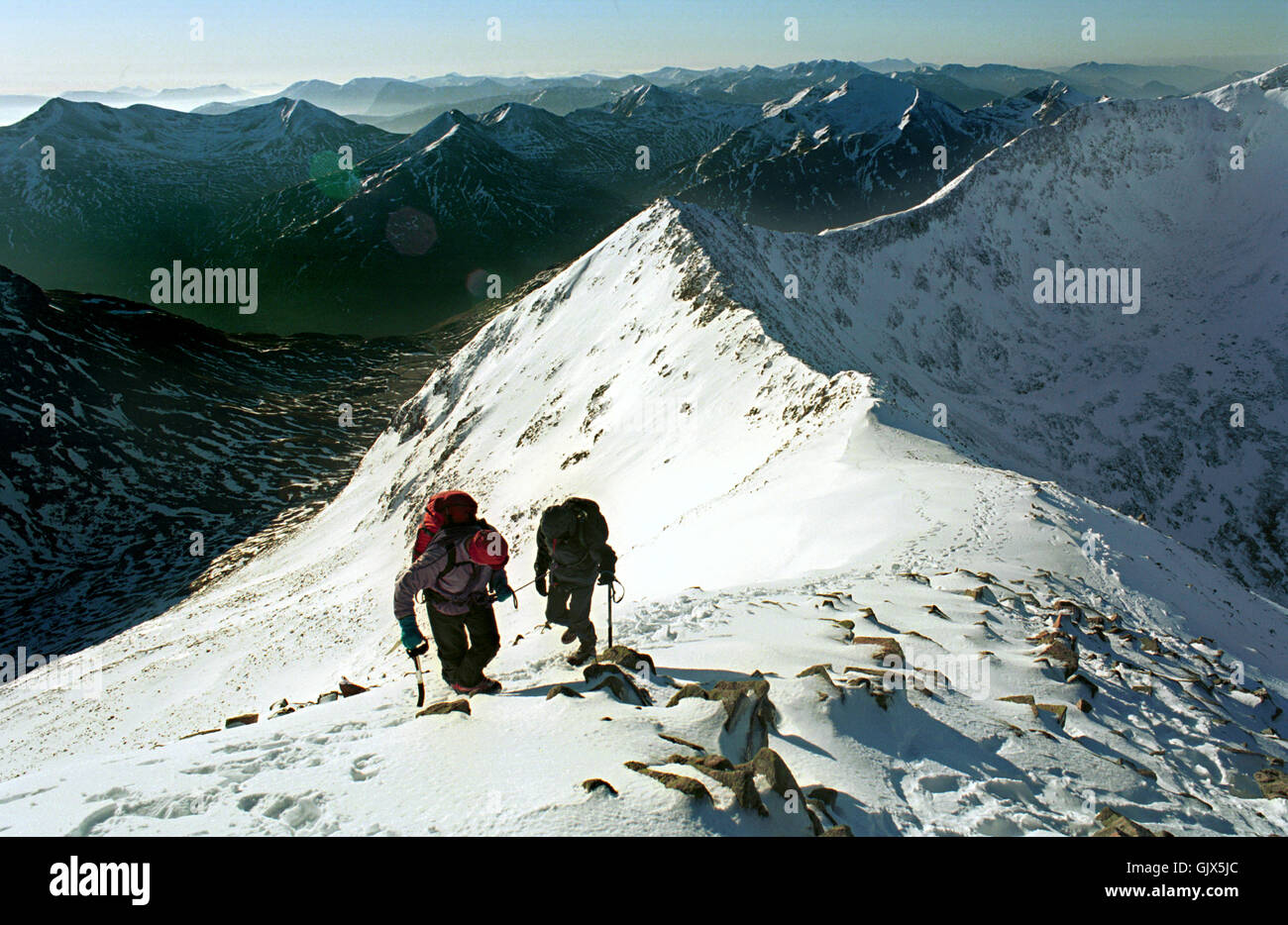 Mountaineers on Ben Nevis in winter snow, on the Carn Mor Dearg arete ...
