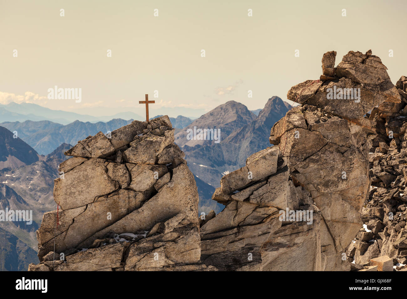 View on the cross on the top of the peak at Hintertux Glacier ...