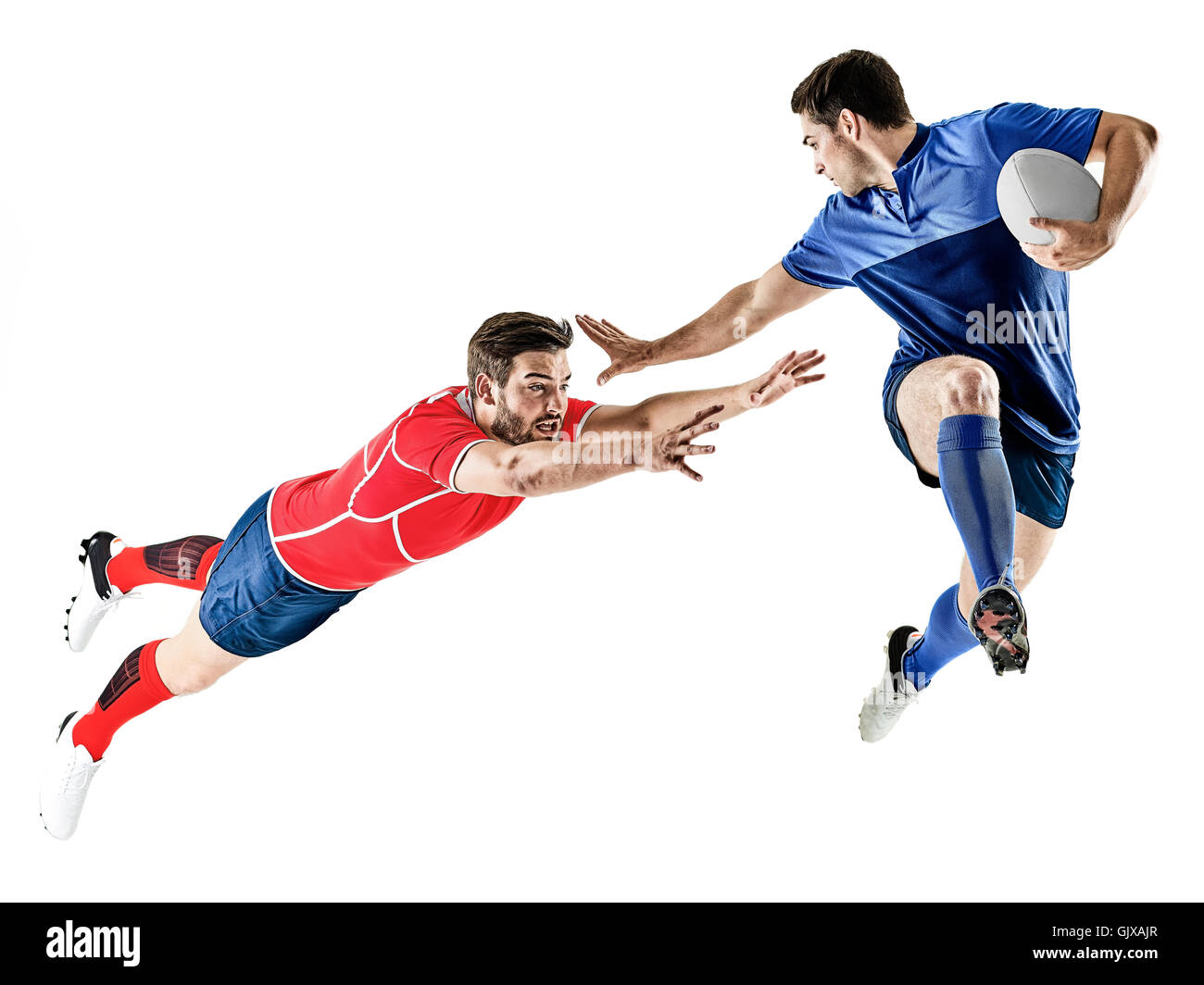 two caucasian rugby players men studio isolated on white background ...