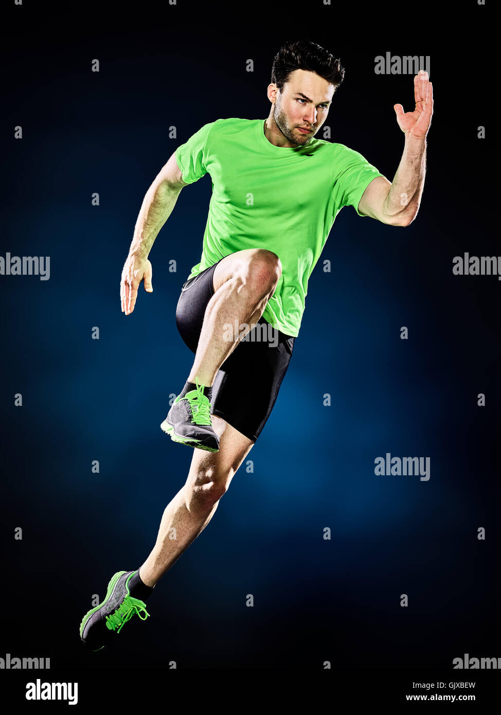 one caucasian man runner running jogger jogging isolated on black ...