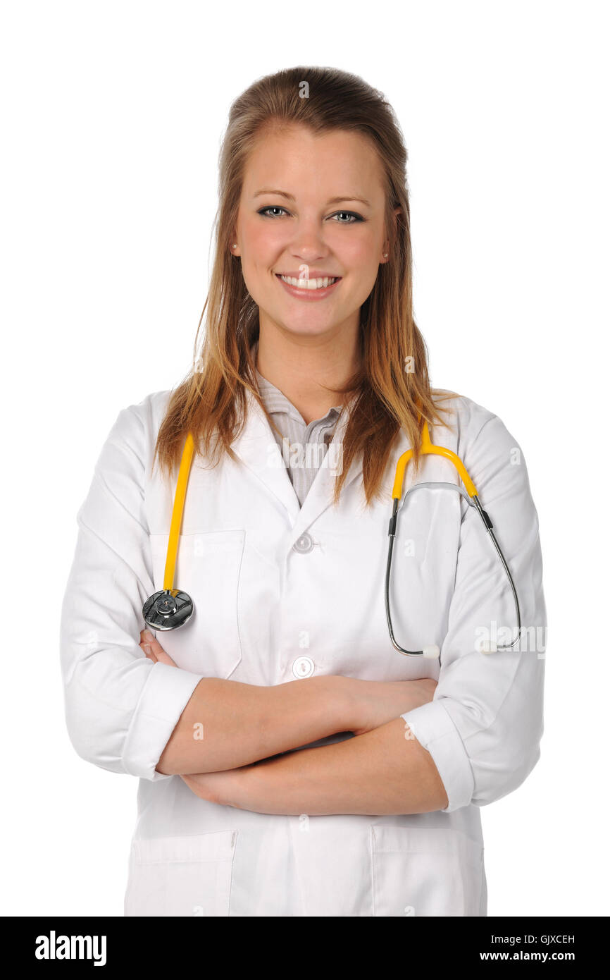 Portrait of female doctor smiling isolated over white background Stock Photo - Alamy