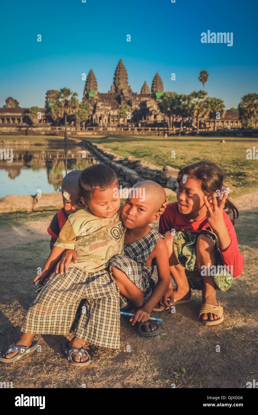 Angkor Wat, Cambodia - August 2007: Cambodian children posing for a ...