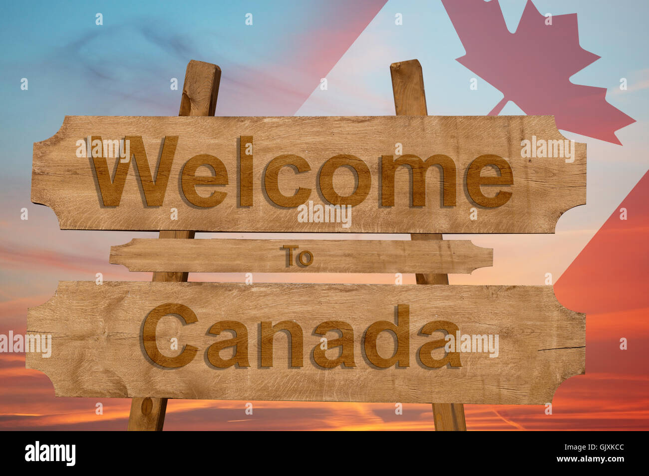 Welcome to Canada sing on wood background with blending national flag ...