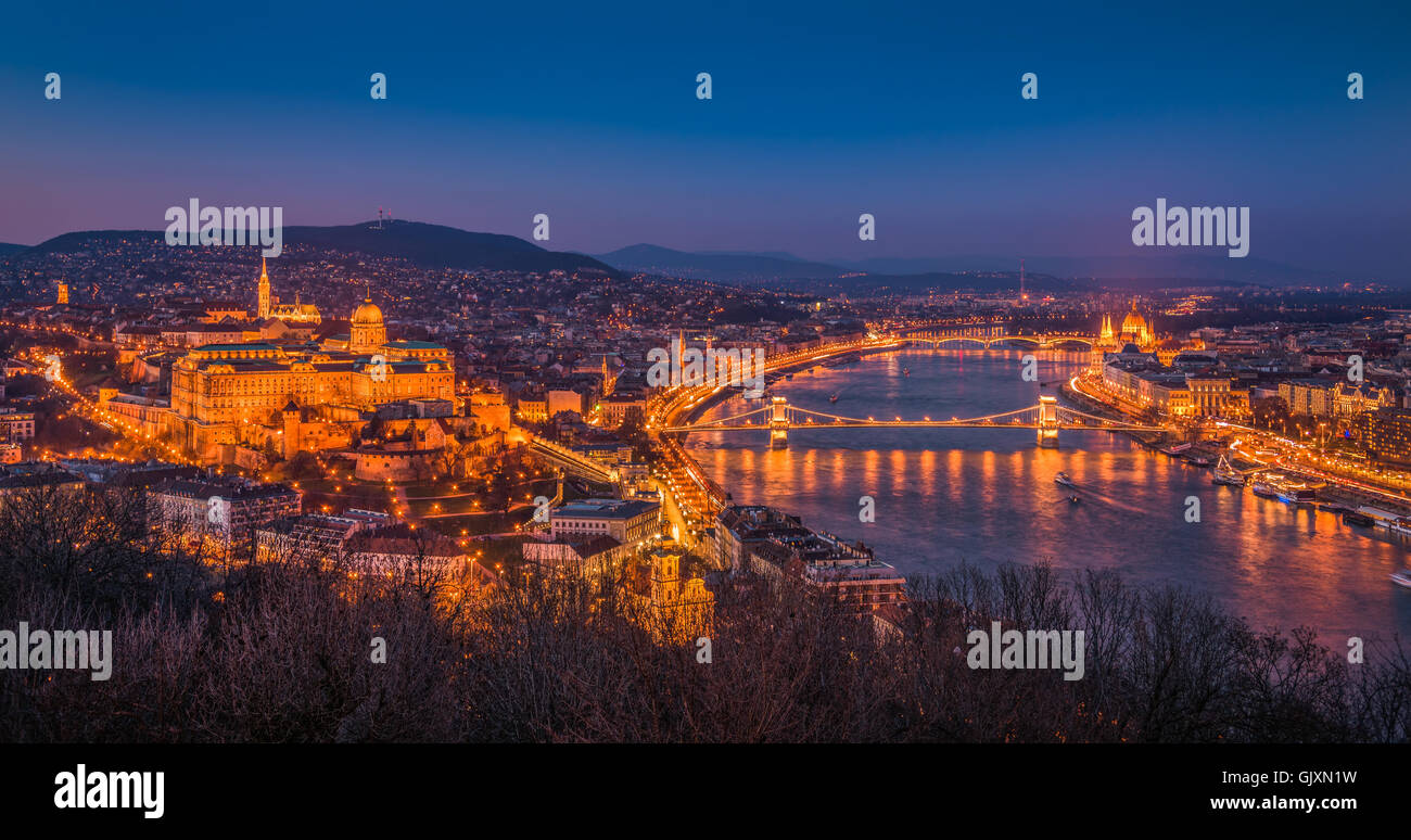 Panoramic View of Budapest with Street Lights and the Danube River at ...