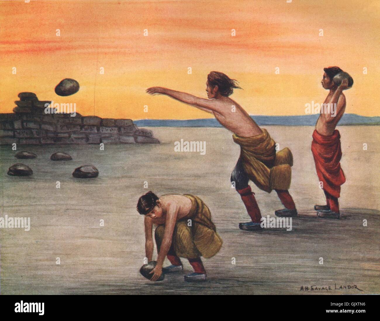'Tibetan games. Stone-throwing' by Arnold Henry Savage Landor. Tibet ...