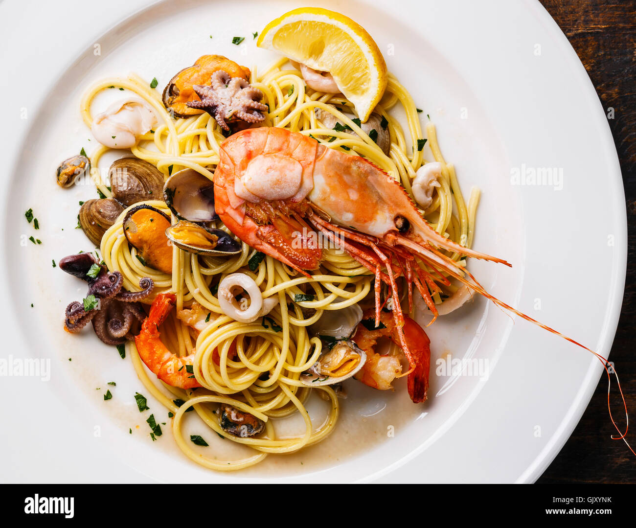 Seafood pasta Spaghetti with Clams, Prawns, Seafood Cocktail close up ...