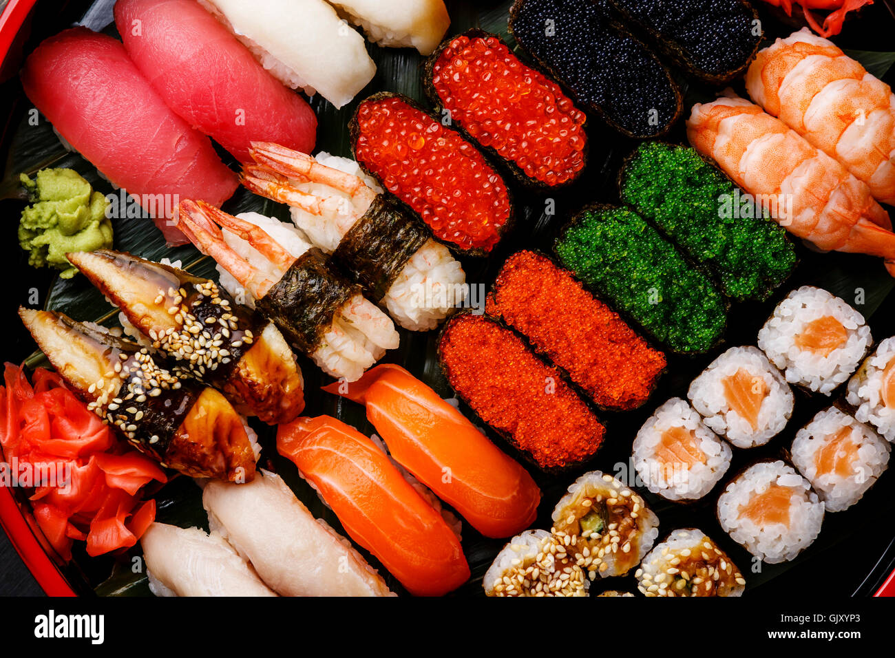 Sushi Set gunkan, nigiri and rolls close up Stock Photo - Alamy