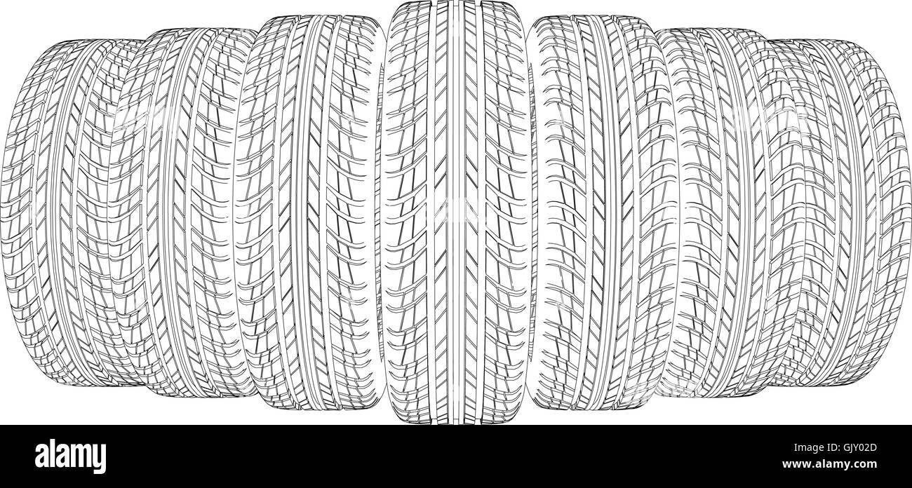 Drawing of seven wire-frame tires. Vector illustration Stock Vector ...