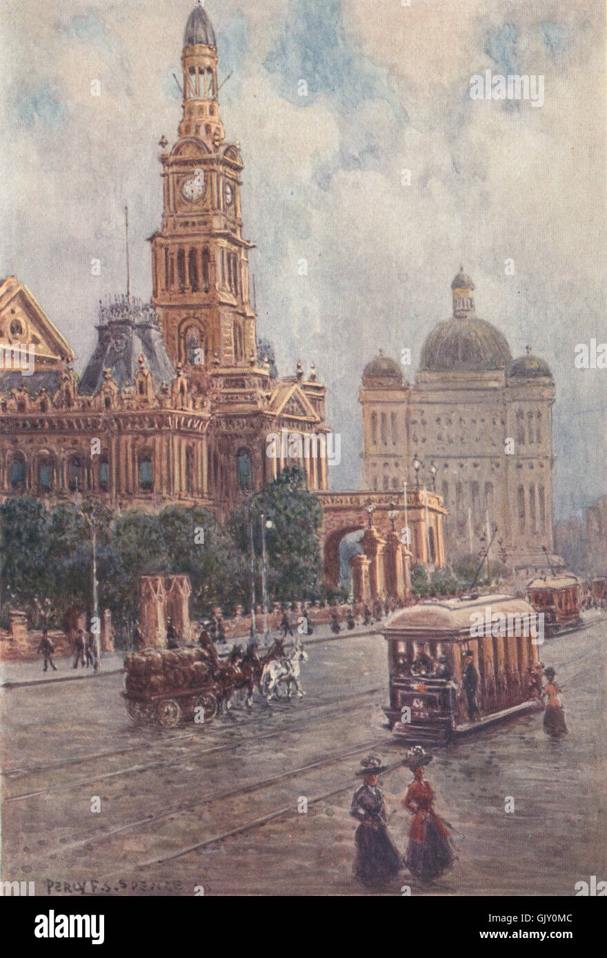 'The Town Hall, Sydney' by Percy Spence. Australia, antique print 1910 ...