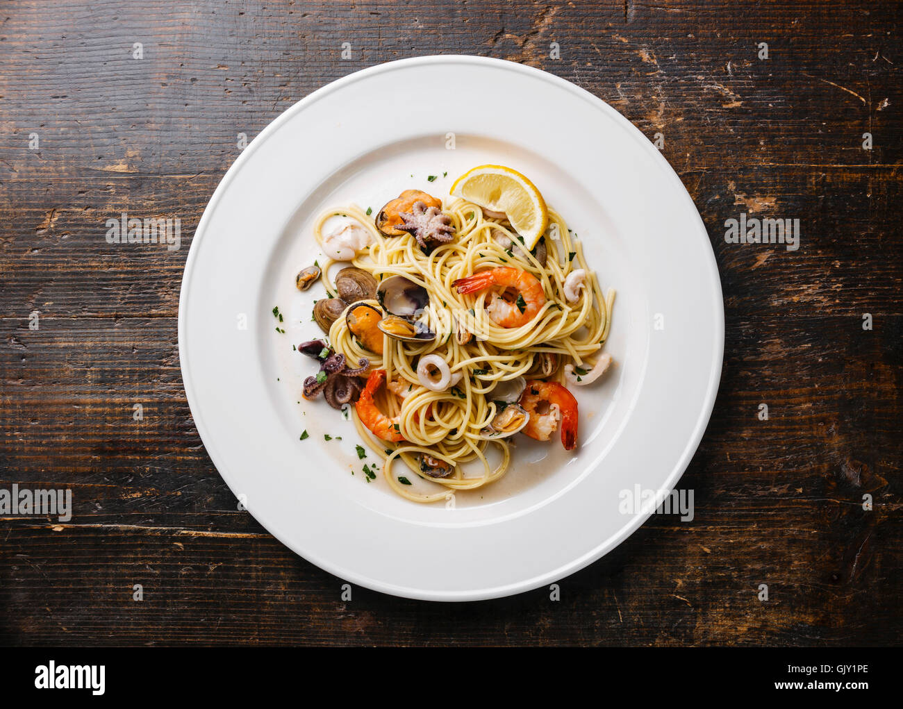 Seafood pasta Spaghetti with Clams, Prawns, Seafood Cocktail on white ...