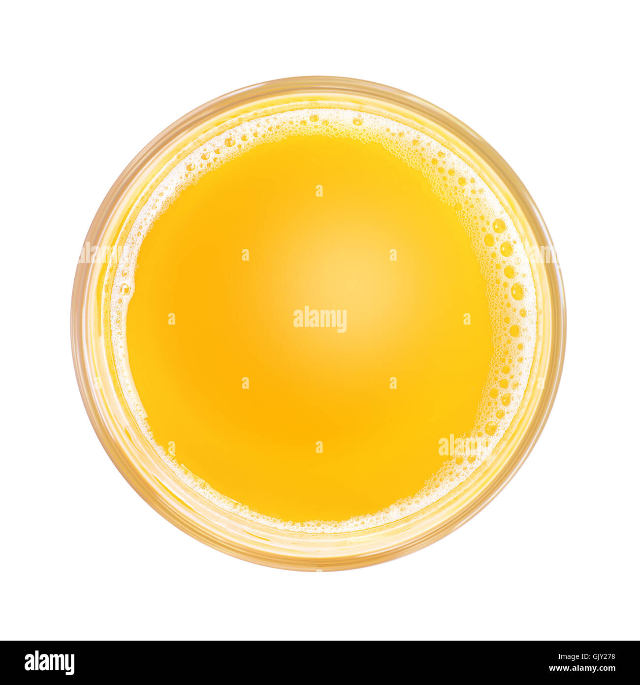 Top view of yellow soft drink and white foam in simple glass. Isolated ...