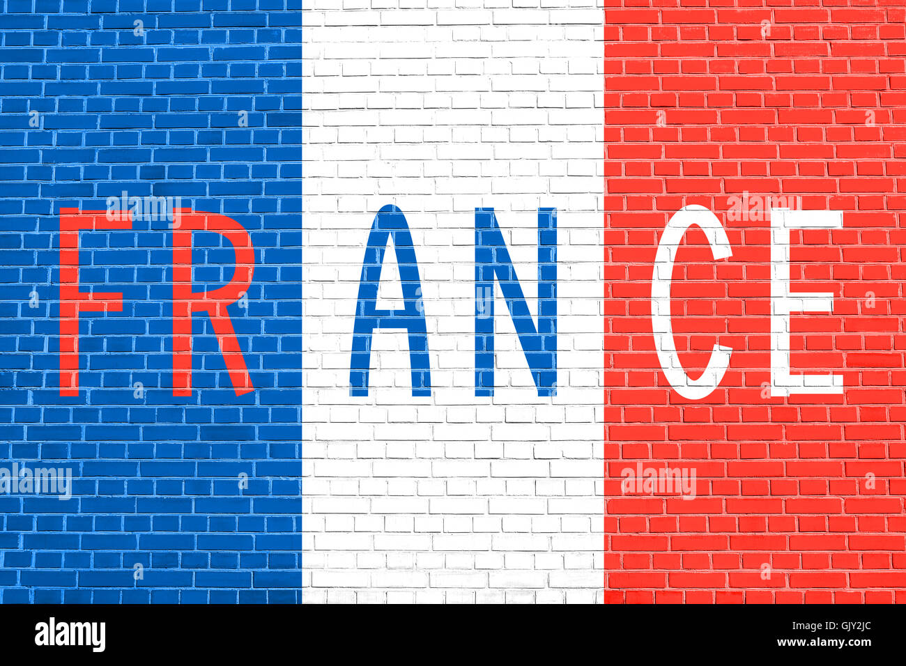 Flag of France on brick wall texture background. French national flag ...