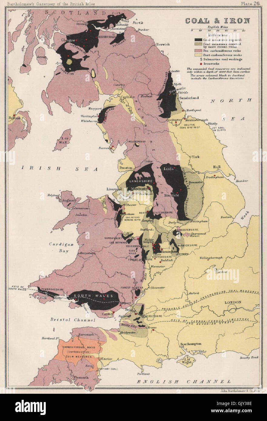 BRITISH ISLES coal & iron production. BARTHOLOMEW, 1904 antique map ...