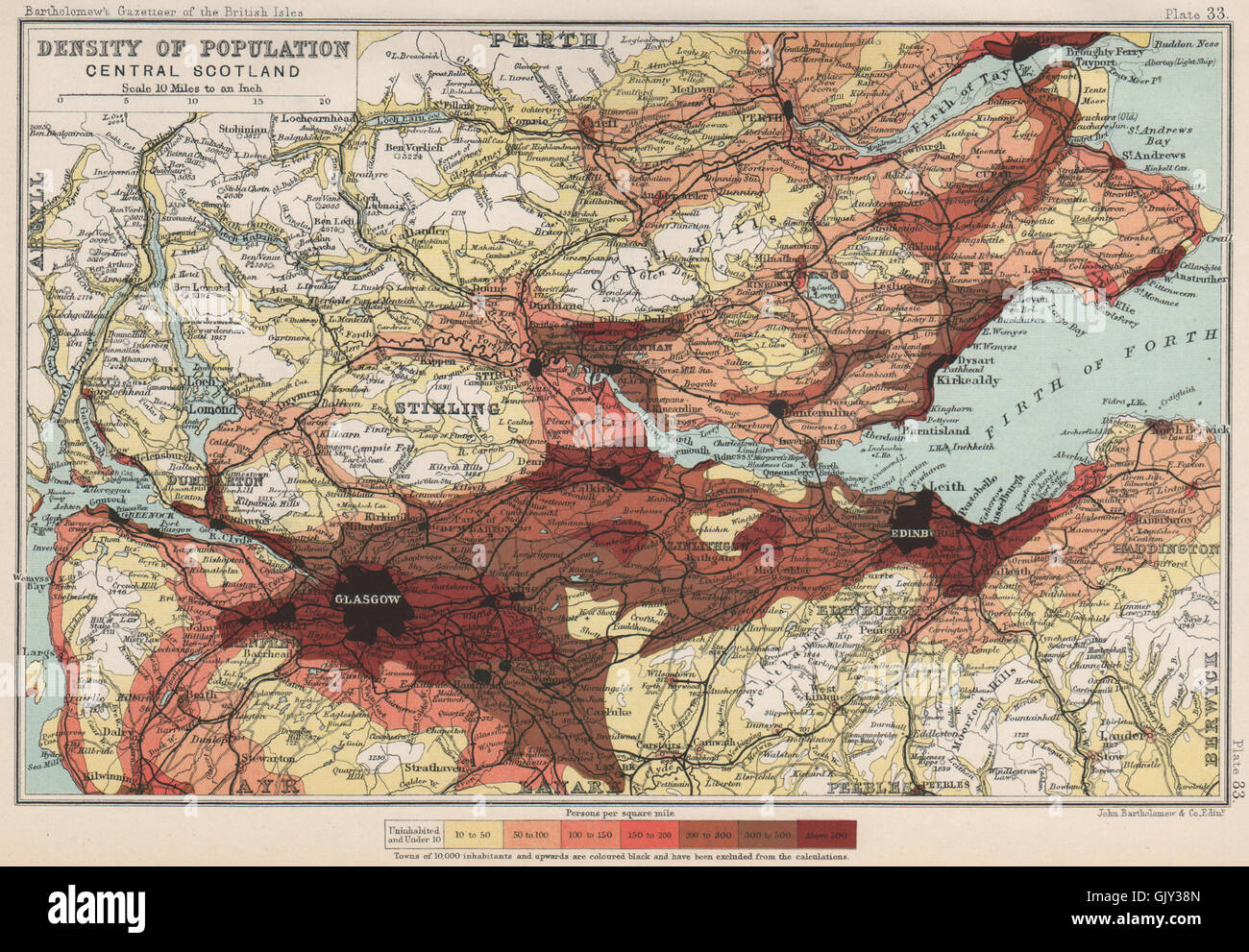 CENTRAL SCOTLAND. Density of population. BARTHOLOMEW, 1904 antique map ...