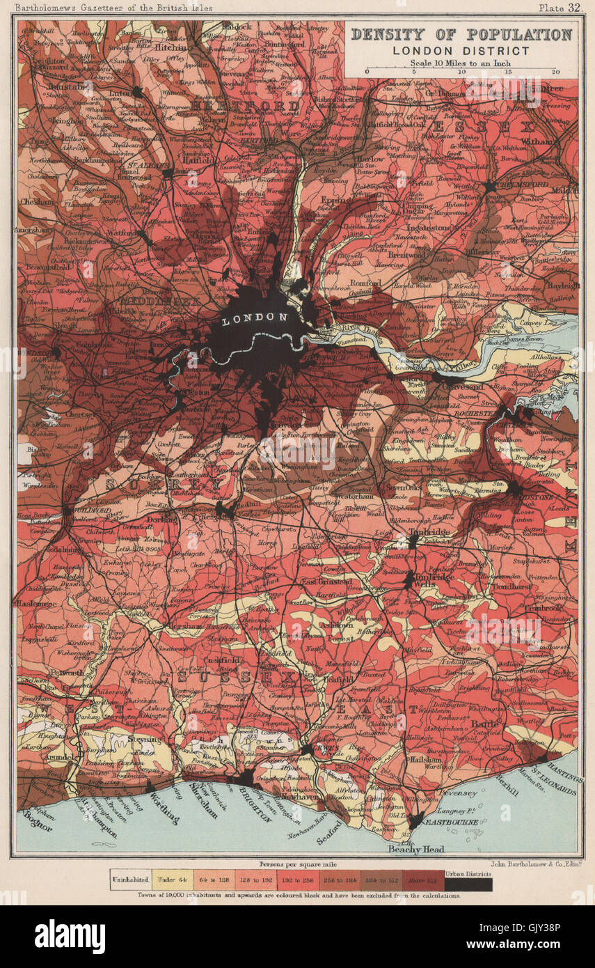 LONDON. Density of population. BARTHOLOMEW, 1904 antique map Stock ...