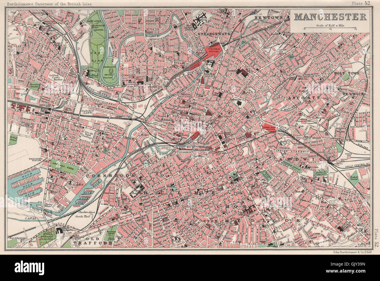 MANCHESTER antique town/city plan. BARTHOLOMEW, 1904 antique map Stock ...