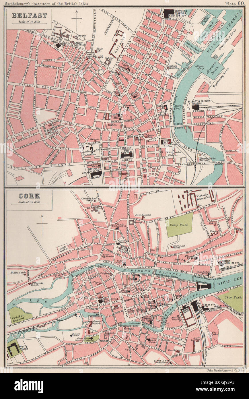 BELFAST & CORK antique town/city plans. BARTHOLOMEW, 1904 antique map ...