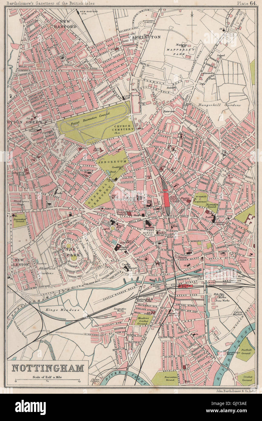 NOTTINGHAM antique town/city plan. BARTHOLOMEW, 1904 antique map Stock ...
