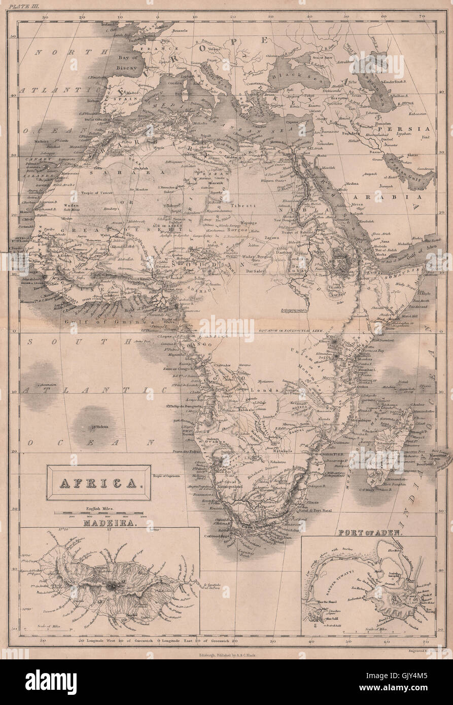 AFRICA. Madeira & Aden. Unexplored areas. Mtns of the Moon. BRITANNICA ...