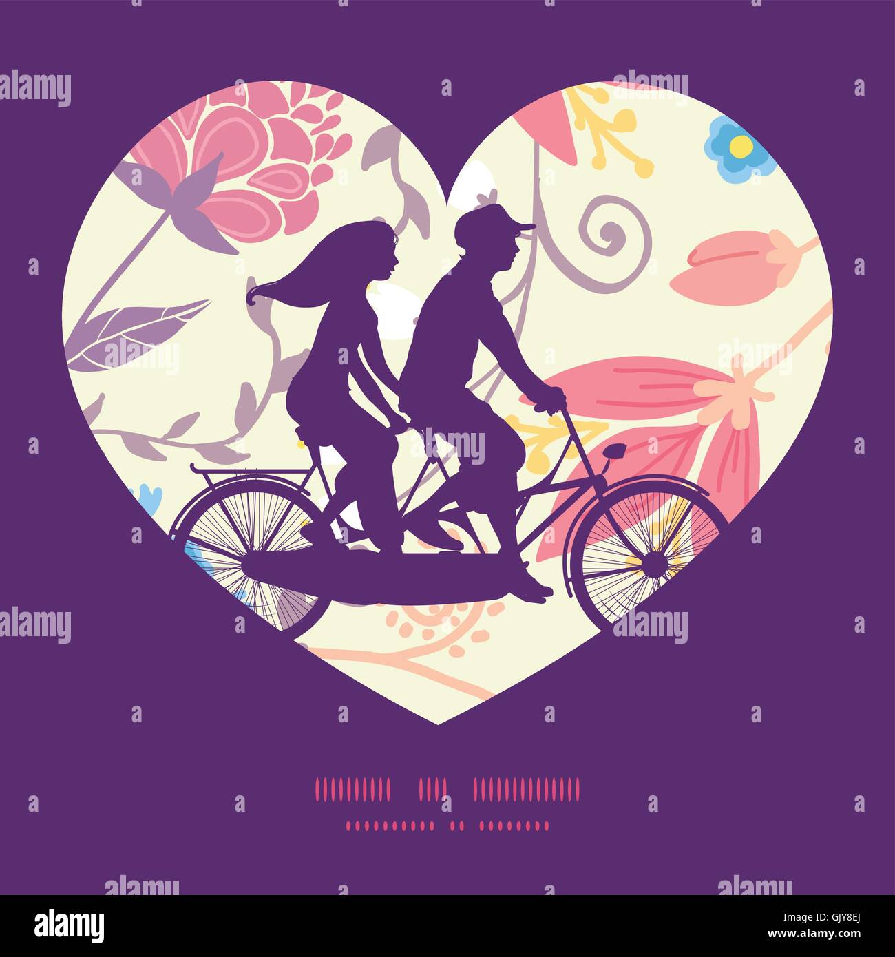 Vector fresh field flowers and leaves couple on tandem bicycle h Stock ...