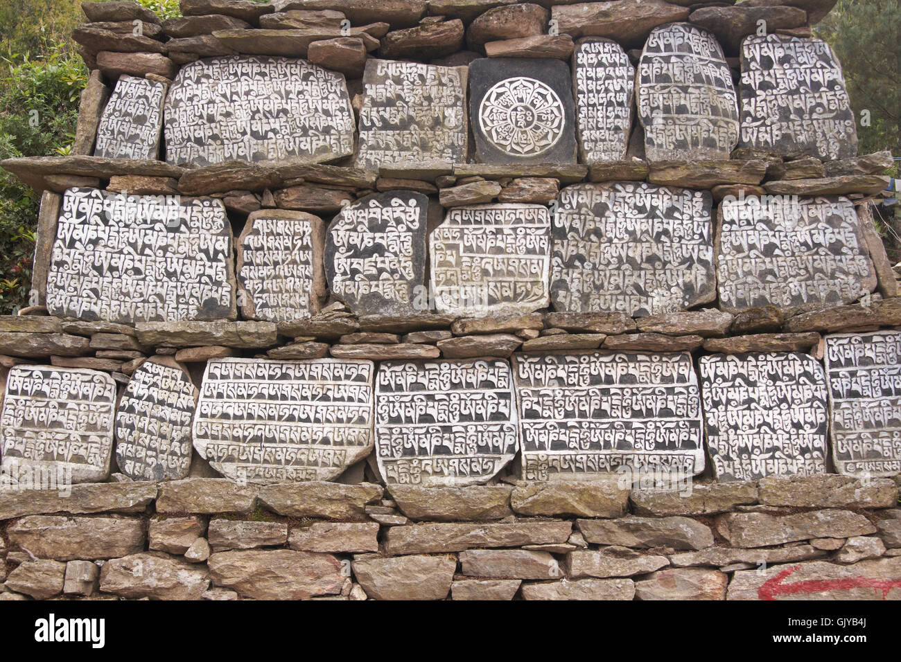 Buddhist Mani stones inscribed with religious text on a wall in ...