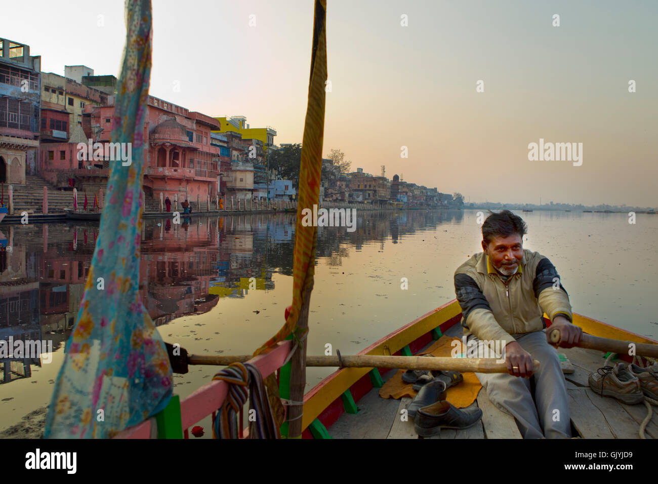 Indian boatman on the holy river Ganges, Varanasi, India Stock Photo ...