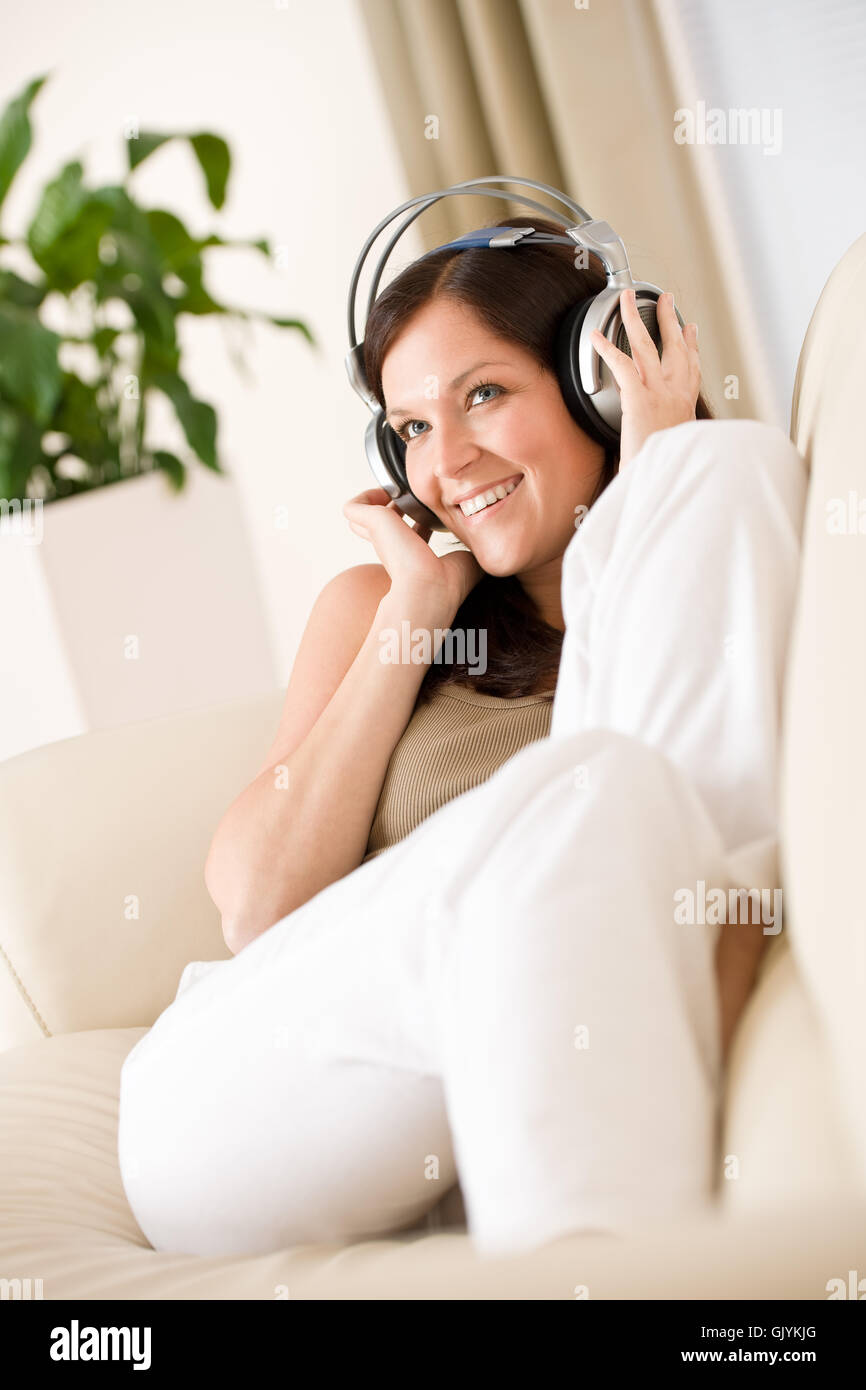 woman listen music Stock Photo - Alamy