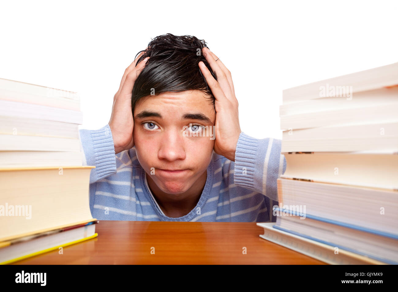 young tired frustrated student books Stock Photo - Alamy