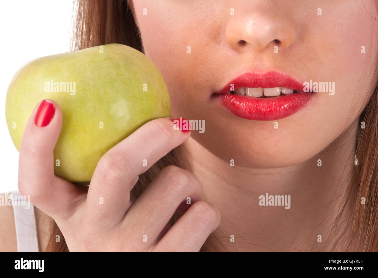 The green apple and red lips Stock Photo - Alamy