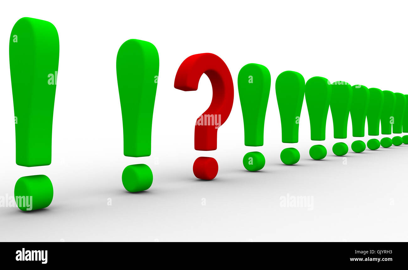 Question among exclamation marks. Isolated 3D image Stock Photo - Alamy