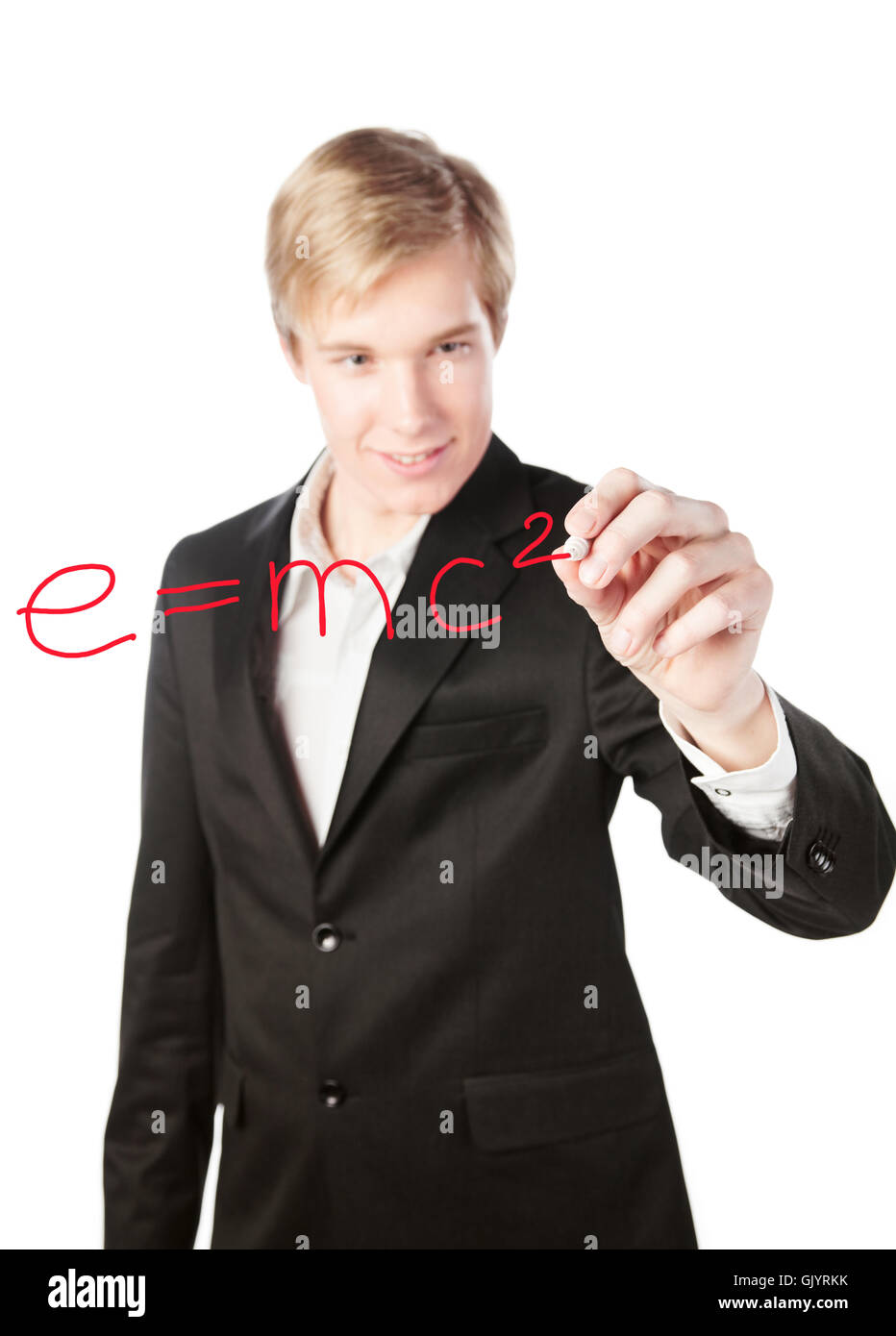 Blond handsome man drawing formula Stock Photo - Alamy