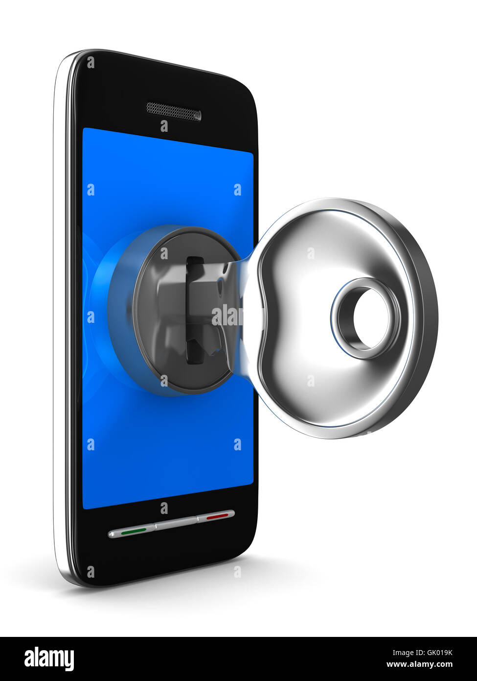 phone with key on white background. Isolated 3D image Stock Photo - Alamy