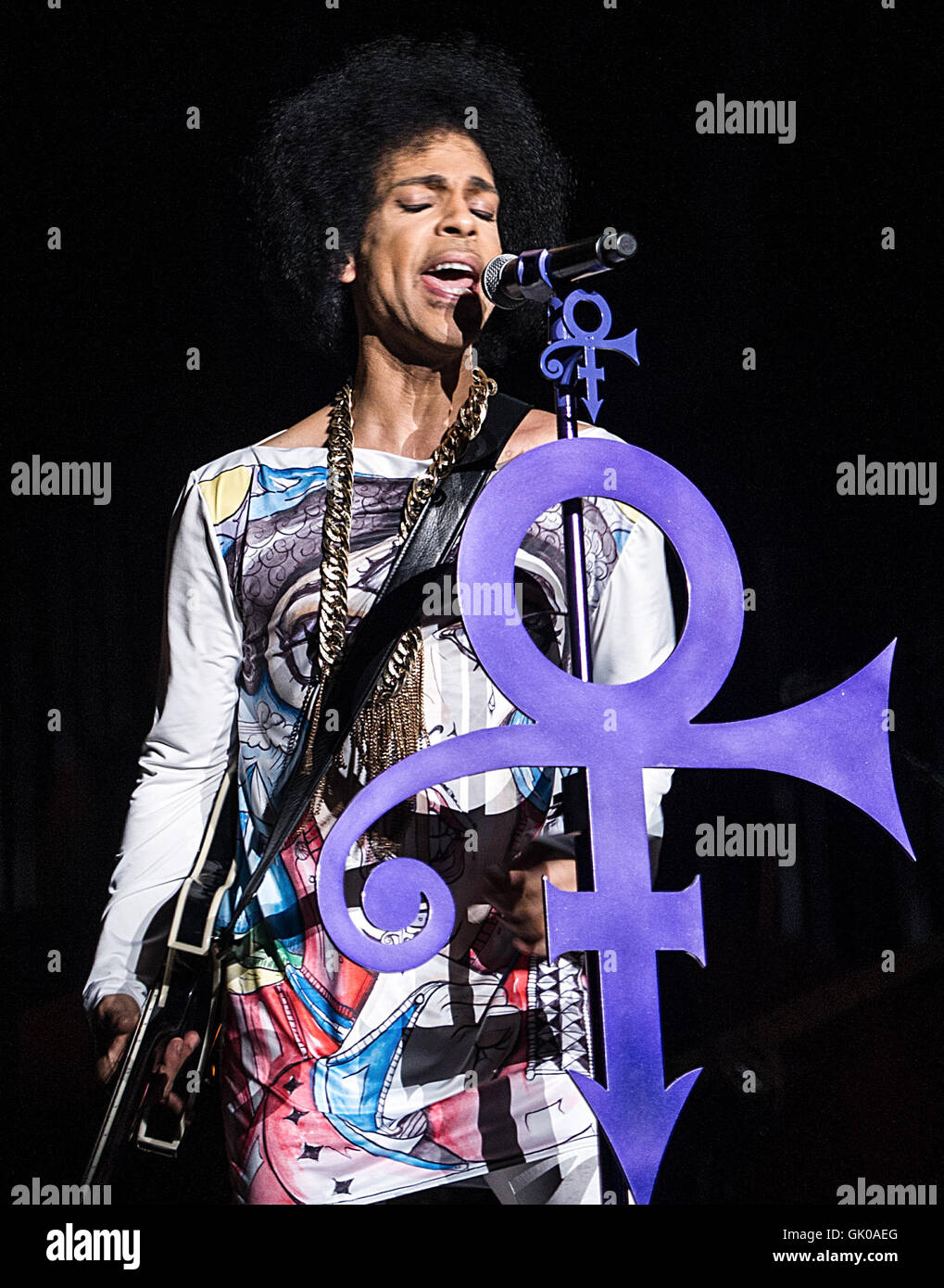 Prince performs live in Birmingham at the LG Arena in May 2014 on his ...