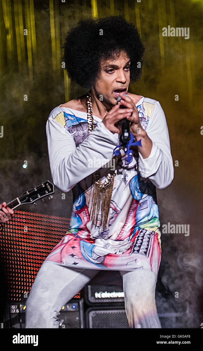 Prince performs live in Birmingham at the LG Arena in May 2014 on his ...