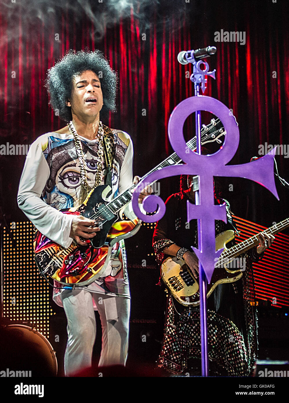 Prince performs live in Birmingham at the LG Arena in May 2014 on his ...