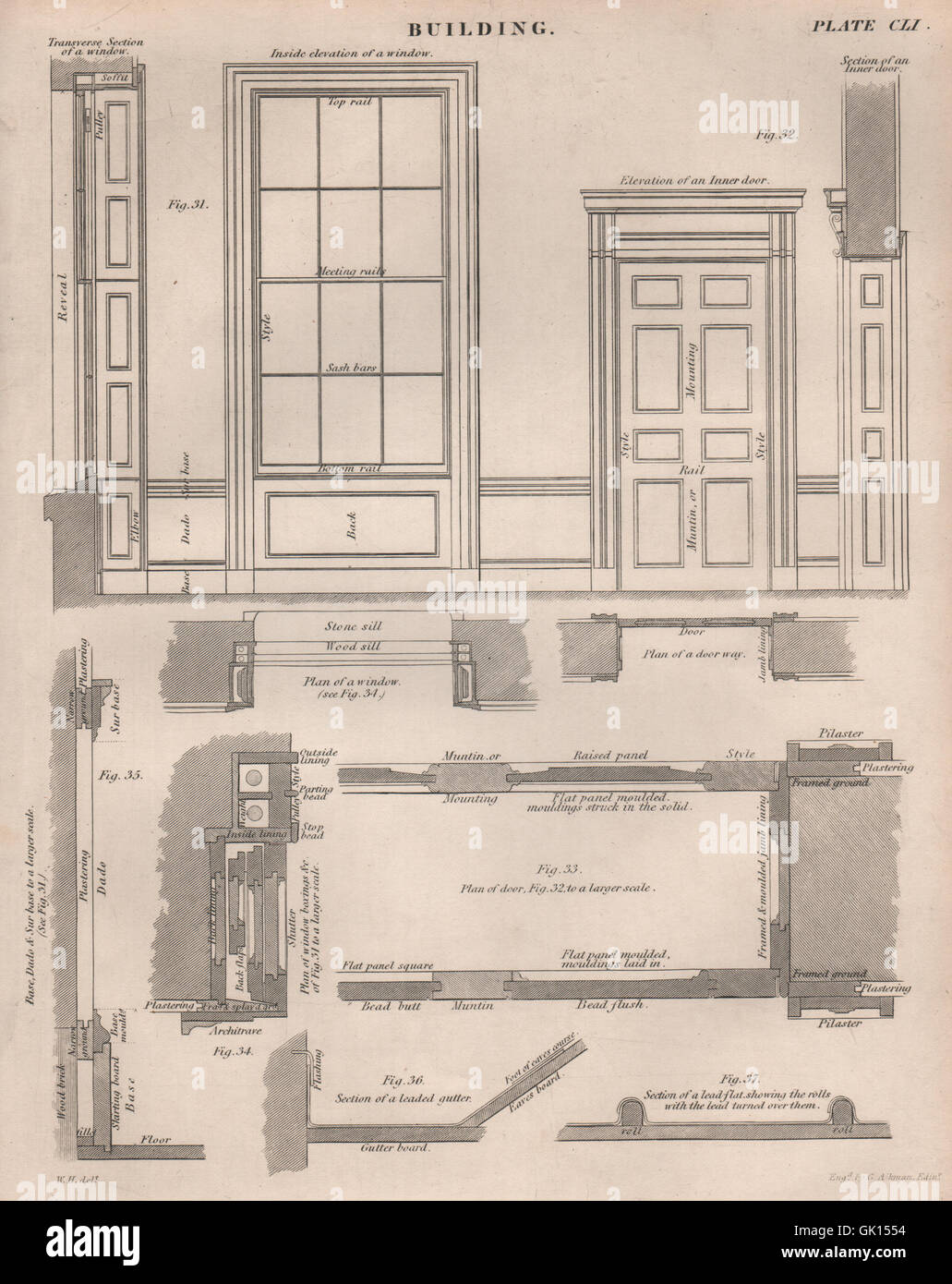 Door and window elevations. Building. BRITANNICA, antique print 1860 ...