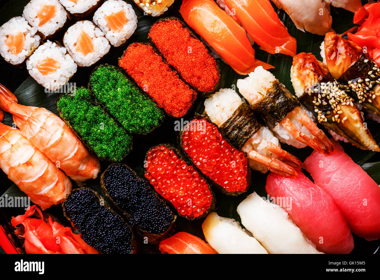 Sushi Set gunkan, nigiri and rolls close up Stock Photo - Alamy