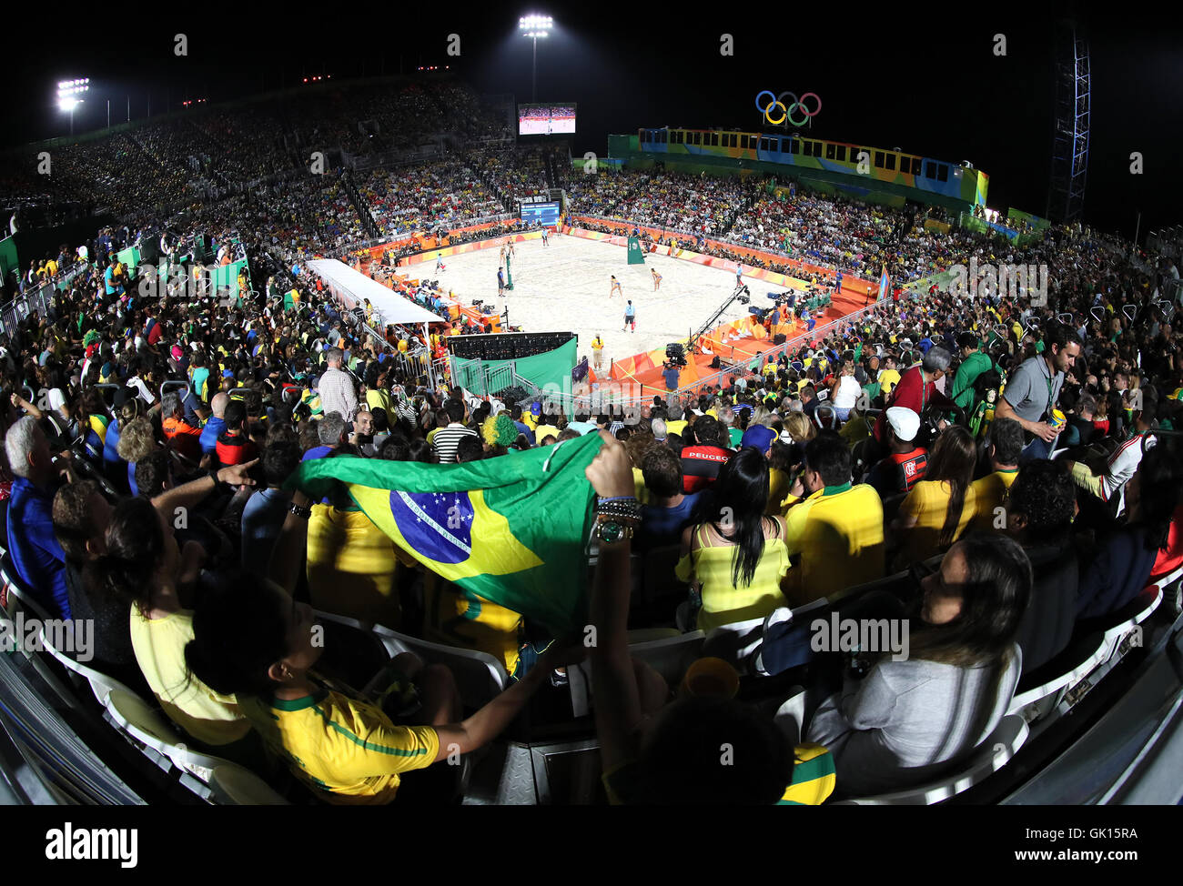 Brazilian fans show their support in the stands at the Riocentro ...